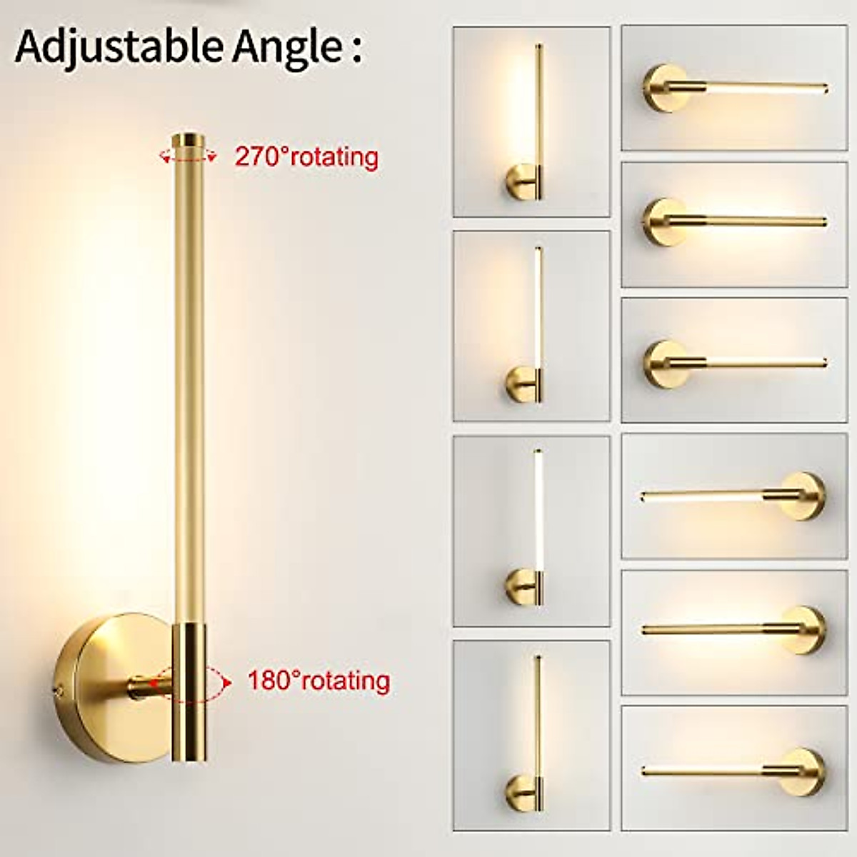 JOOSENLUX Modern LED Picture Lights Gold 19.3" 3000K Long Brass Mid Century Adjustable Linear Gold Wall Sconce Vertically Led Bathroom Vanity Light Swing Arm Left and Down 110V 3000K