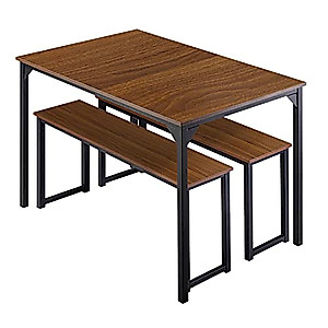 IMUsee 45" Dining Table Set for 4, 3-Pieces Kitchen & Dining Room Sets with Benches, Metal Frame and Wood Board, Sturdy Structure, Easy Assembly, Small Space Dinette, Walnut & Black