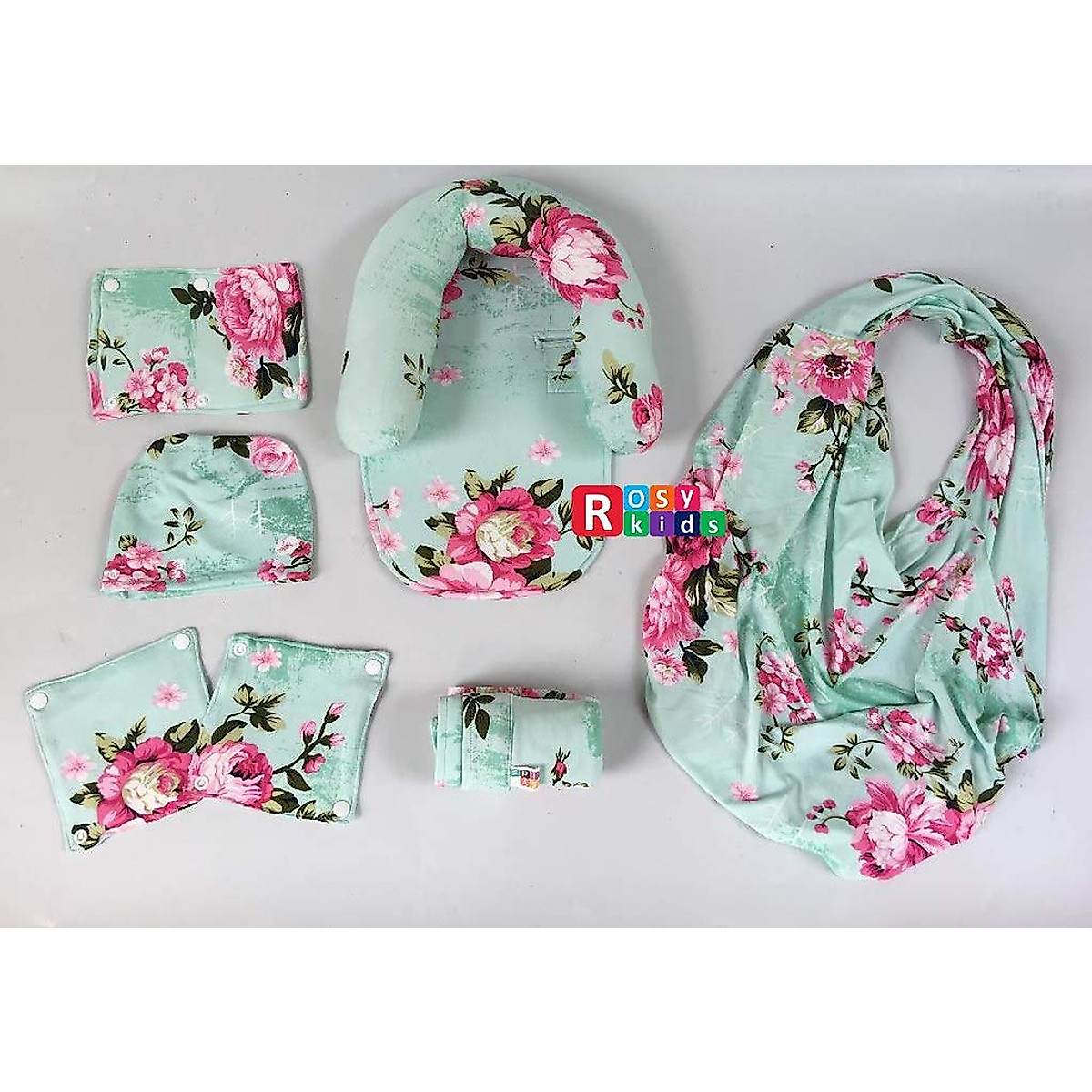 9pc Ultimate Set of Infant Car Seat Cover Canopy Headrest Blanket Hat Nursing Scarf, 25JE04