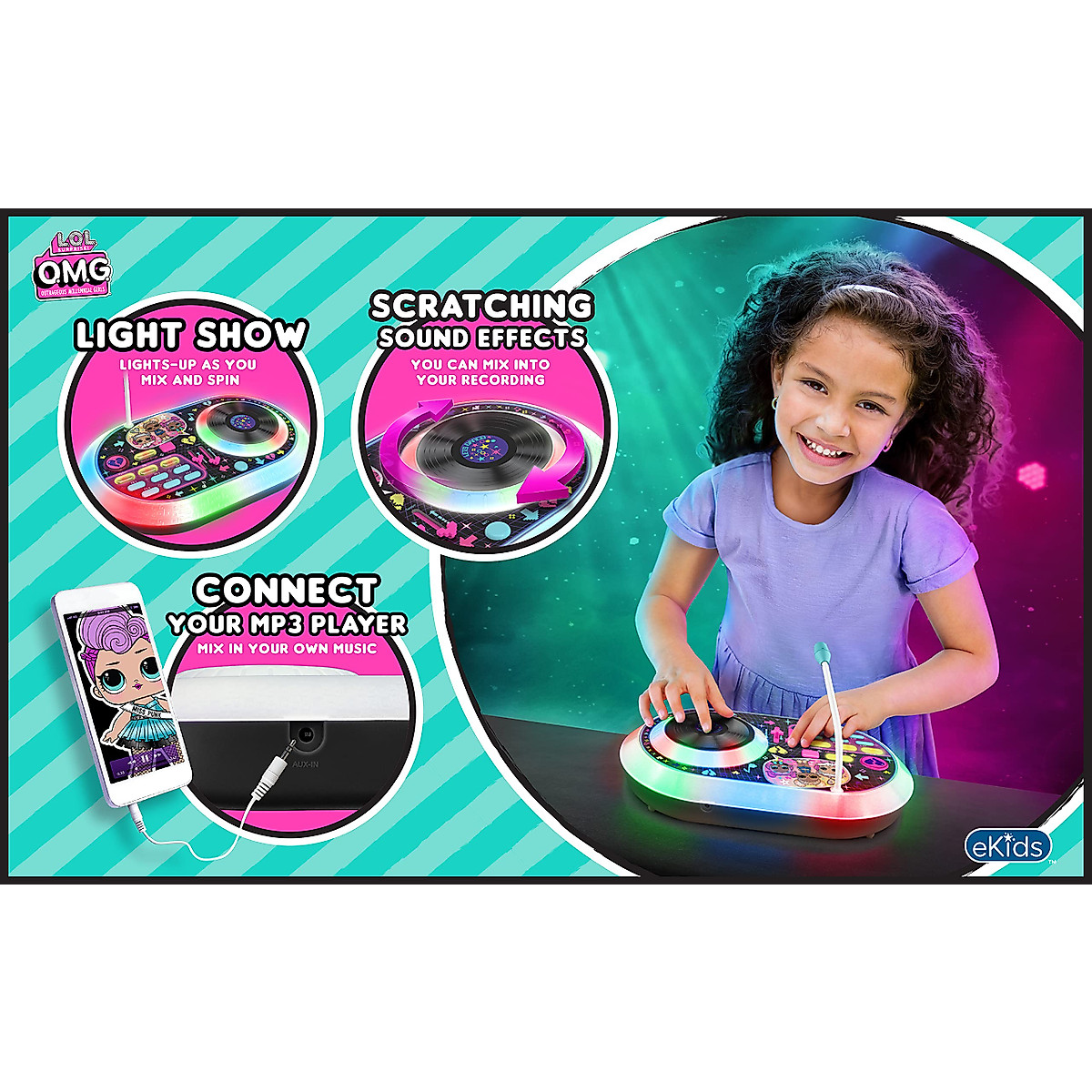 eKids LOL Surprise DJ Party Mixer Turntable Toy with Built in Microphone for Kids, Record and Mix Your Favorite Songs, for Fans of LOL Toys for Girls