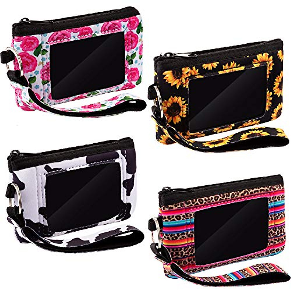 Frienda 4 Pieces Sunflower Credit Card Holder PVC Zipper Wristlet Pouch Neoprene Mini Wristlet Wallet Neoprene for Women Girls