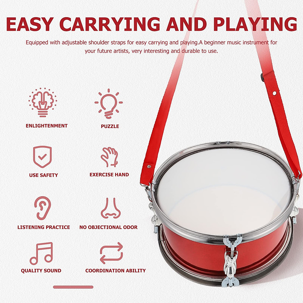 Generic Kid Hand Drum 11 Inch Marching Snare Drum Set Children Snare Drum Performance Drum with Adjustable Strap Wooden DrumSticks Gloves, Bright Red Wood Drum Toy Set