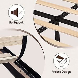 WEEWAY King Bed Frame Platform Bed with Velvet Upholstered Headboard and Wooden Slats Support, Heavy Duty Mattress Foundation, No Box Spring Needed, Easy Assembly, Black