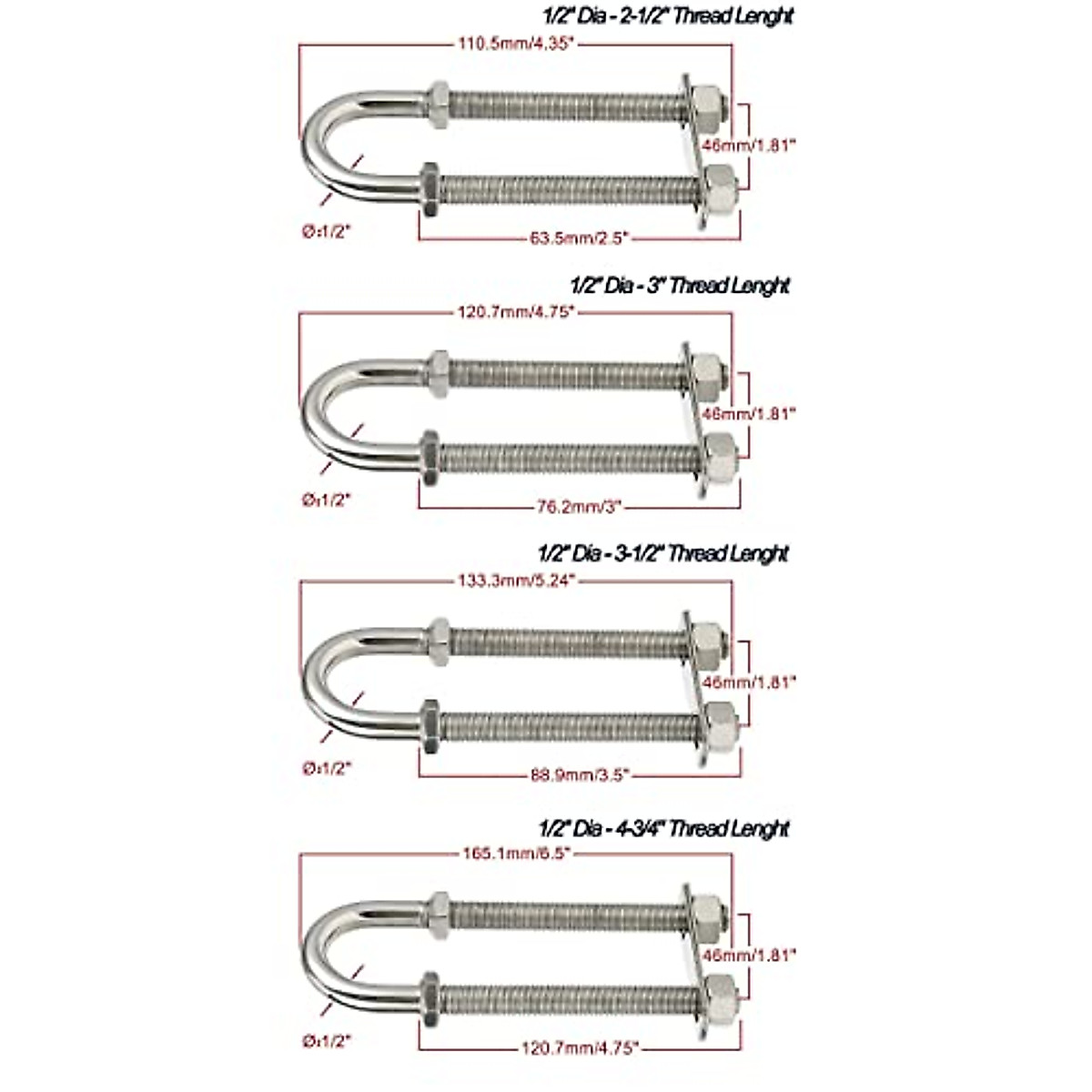 YaeMarine 2-Pack 1/2" Stainless Steel Marine Boat Stern Bow Eye Tie Down U Bolt, Thread Length 2-1/2" Total Length: 4" (Dia. 1/2" x 4" Total Length)