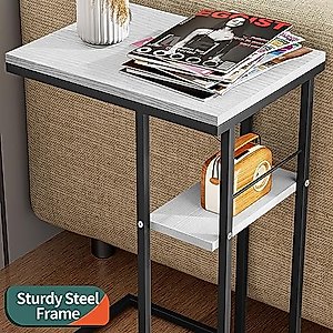 QZIXB C Shaped End Table, Side Table for Sofa Couch and Bed, Small Side Table with Metal Frame for Small Spaces, Living Room, Bedroom, Snack Table (White)