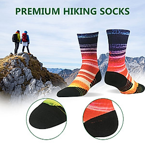 HUSO Hiking Socks Men Women Moisture Wicking Unique Printing Novelty Lightweight Running Hiking Crew Socks 3 Pairs (Multicolor, L/XL)