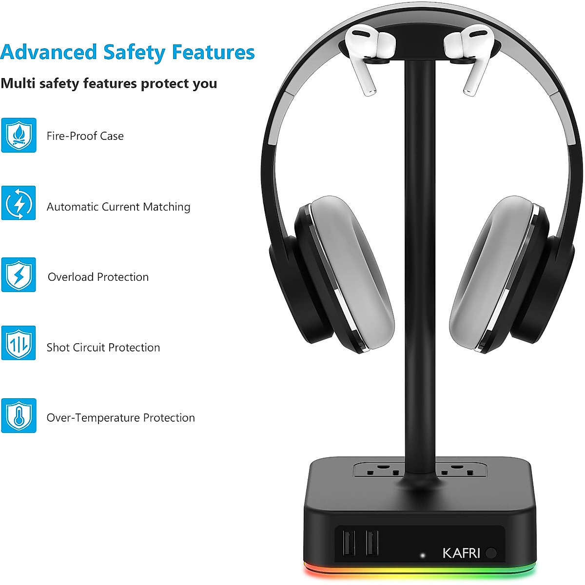 KAFRI RGB Headphone Stand with USB Charger Desk Gaming Headset Holder Hanger Rack with 2 USB Charging Ports and 2 Outlet - Suitable for Gamer Desktop Table Game Earphone Accessories Boyfriend Gift