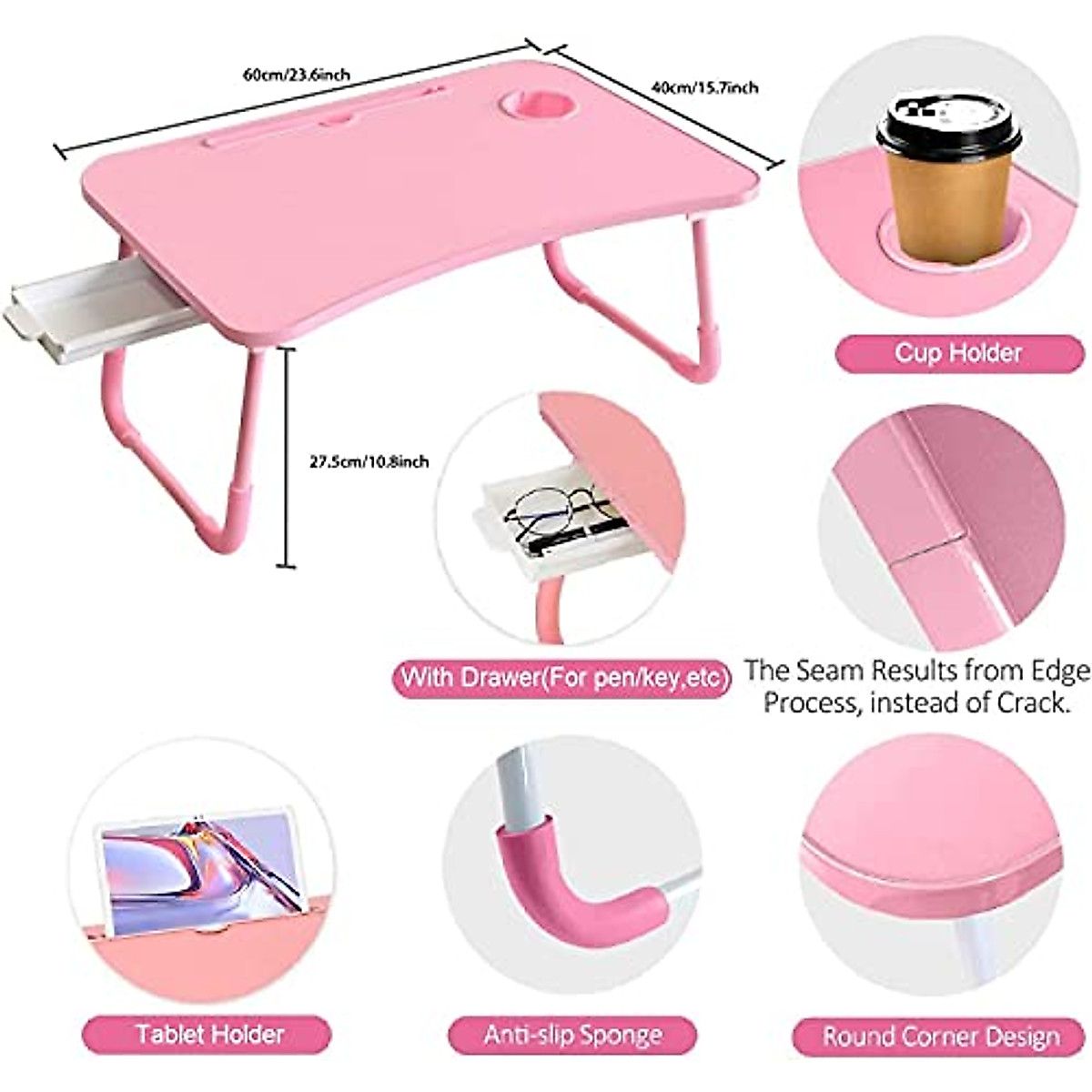 Laptop Desk Foldable Bed Table, Portable Lap Desk Laptop Bed Tray Table with Storage Drawer and Cup Holder, Lap Tray Table Notebook Stand Reading Desk Breakfast Tray for Bed Couch Sofa Floor – Pink