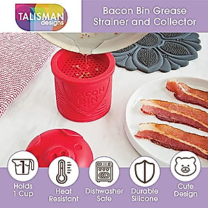 Talisman Designs Bacon Bin Grease Strainer & Collector | Family Friendly Kitchen Tools | Fun & Functional Silicone Grease Container | Holds up to 1 Cup | Red