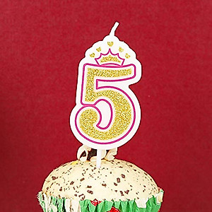T-shin Glitter Number 5 Birthday Candle,Gold Number with Crown Candles,Long Thin Anniversary Candles Set,Party Supplies,Cake Decoration (Gold-5)