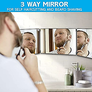 SZHSTC 3 Way Mirror for Hair Cutting with Lights, 360 Trifold Mirror for Self Haircuts for Men Barber Use Hair Cutting Tools to See Back of Head with Adjustable Portable Hooks