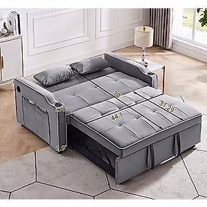 Convertible Futon Couch with USB Ports,Velvet Pull Out Sleeper Sofa Bed with Cup Holders and Pockets,3 in 1 Modern Loveseat with Adjustable Backrest,Small Love Seat for Living Room,Office,Grey