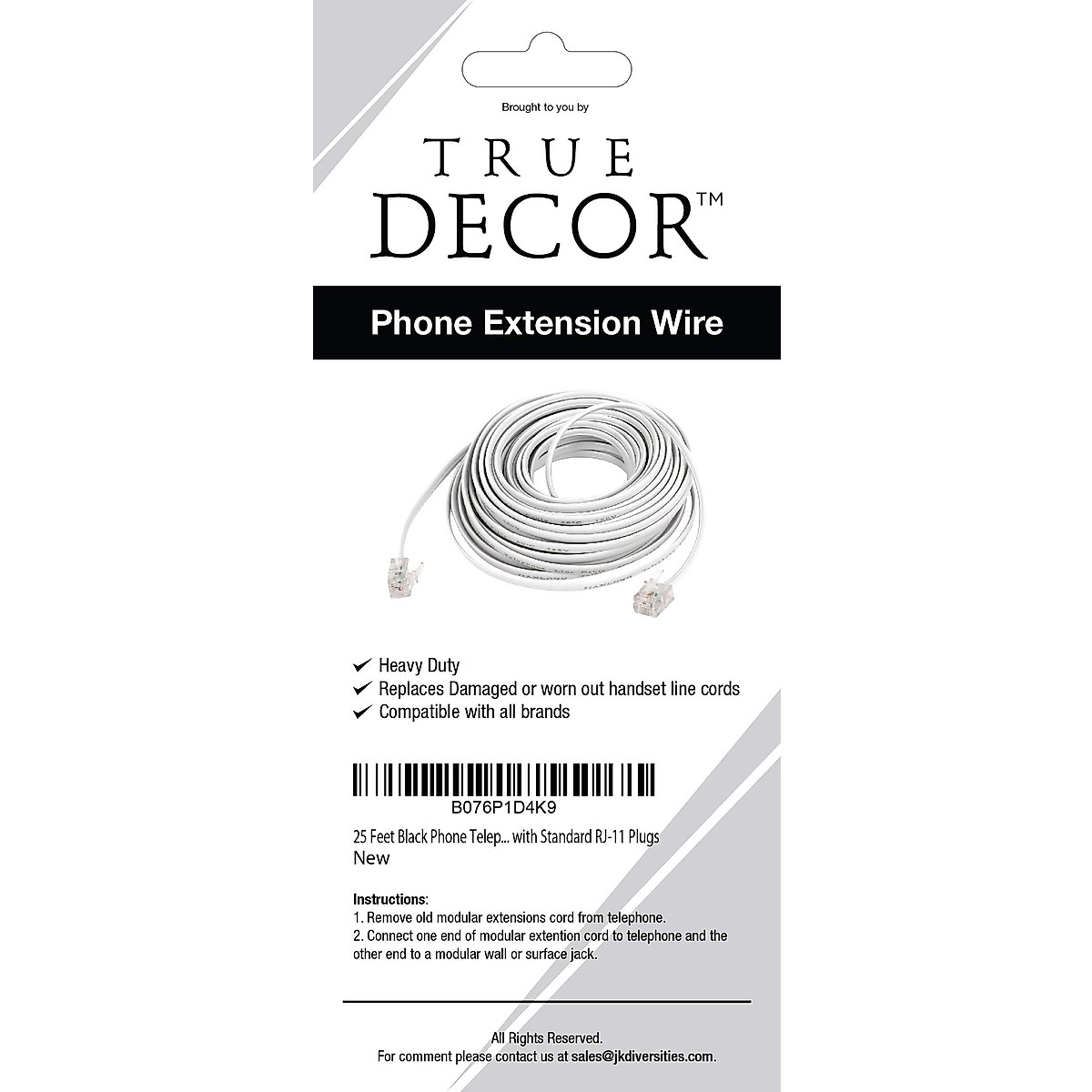 True Decor 25 Feet Black Phone Telephone Extension Cord Cable Wire with Standard RJ-11 Plugs