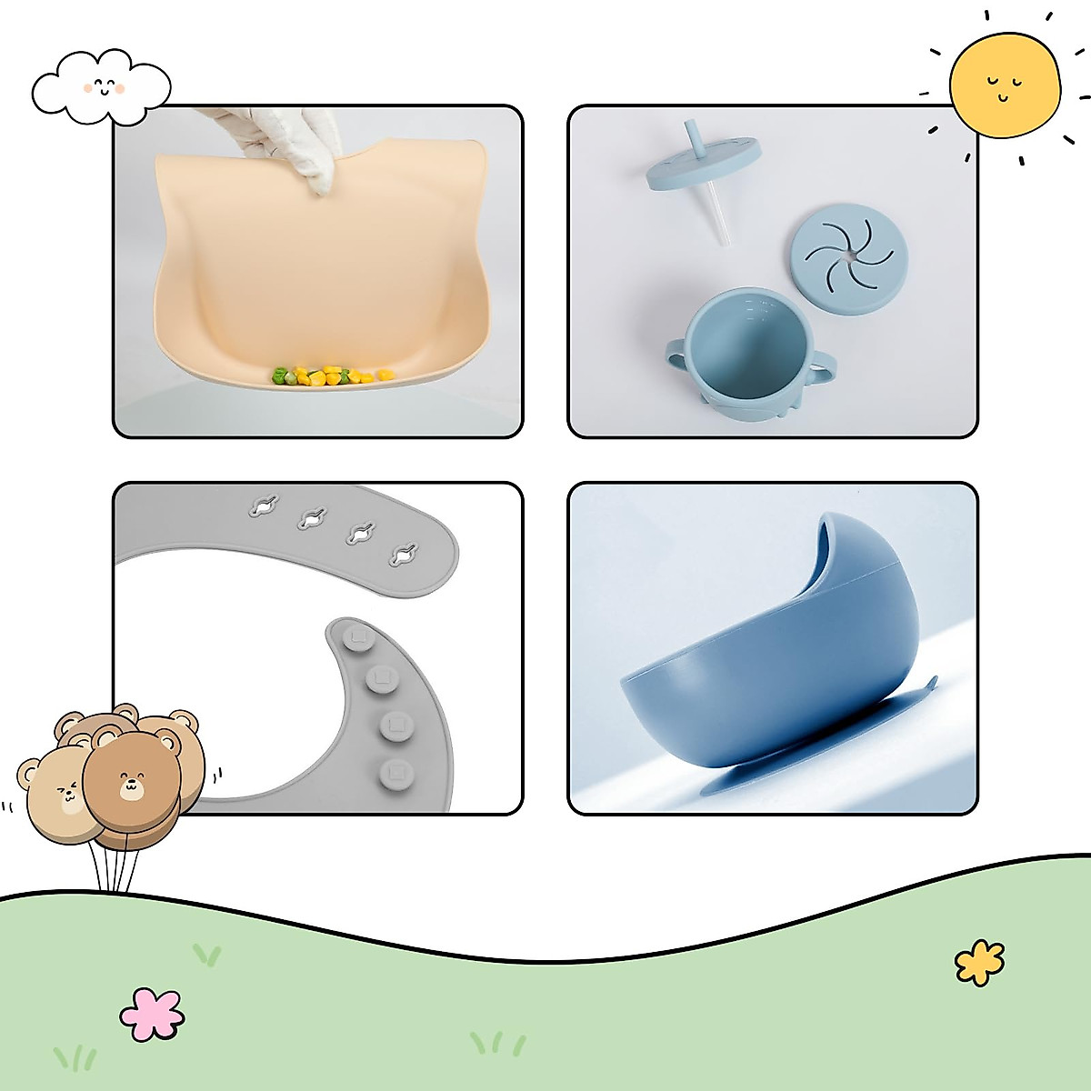 Suction Plates for Baby Set, 7 Pack CUAIBB Toddler Silicone Divided Plate and Bowl Set, with Water Cup Spoon Fork Pasta Spoon, Baby Led Weaning Supplies - Suction Cup Plates for Babies (Light Blue)