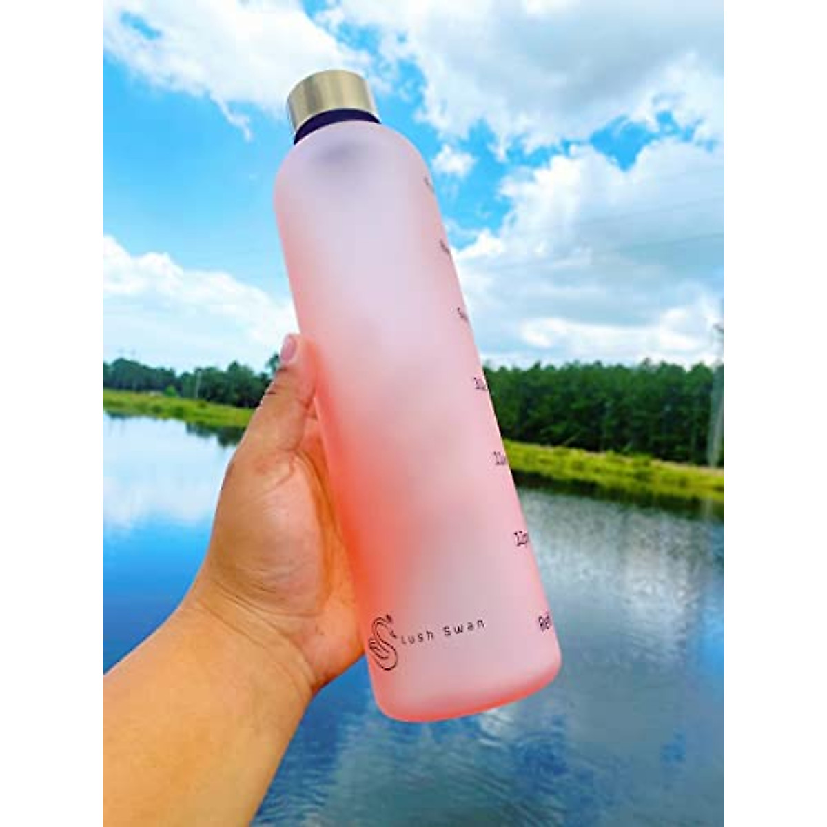 Water Bottle with Time Marker, 32oz 1 Liter, BPA Free Frosted Plastic, Reusable Water Bottle, Leakproof (Blush-Pink)
