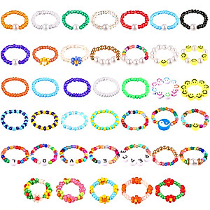 Hicarer 40 Pieces Flower Beads Rings Rainbow Colorful Rice Bead Rings Cute Handmade Smile Beaded Rings Colorful Jewelry Rings for Women