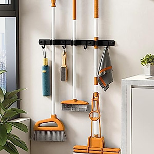 Damita Mop Broom Holder Wall Mount, 3 Racks 4 Hooks Mop Hanger Wall Mount for Kitchen Garage Garden Tool Organization - 304 Stainless Steel Non-slip Broom Organizer Wall Mount (1 Pack, Black)