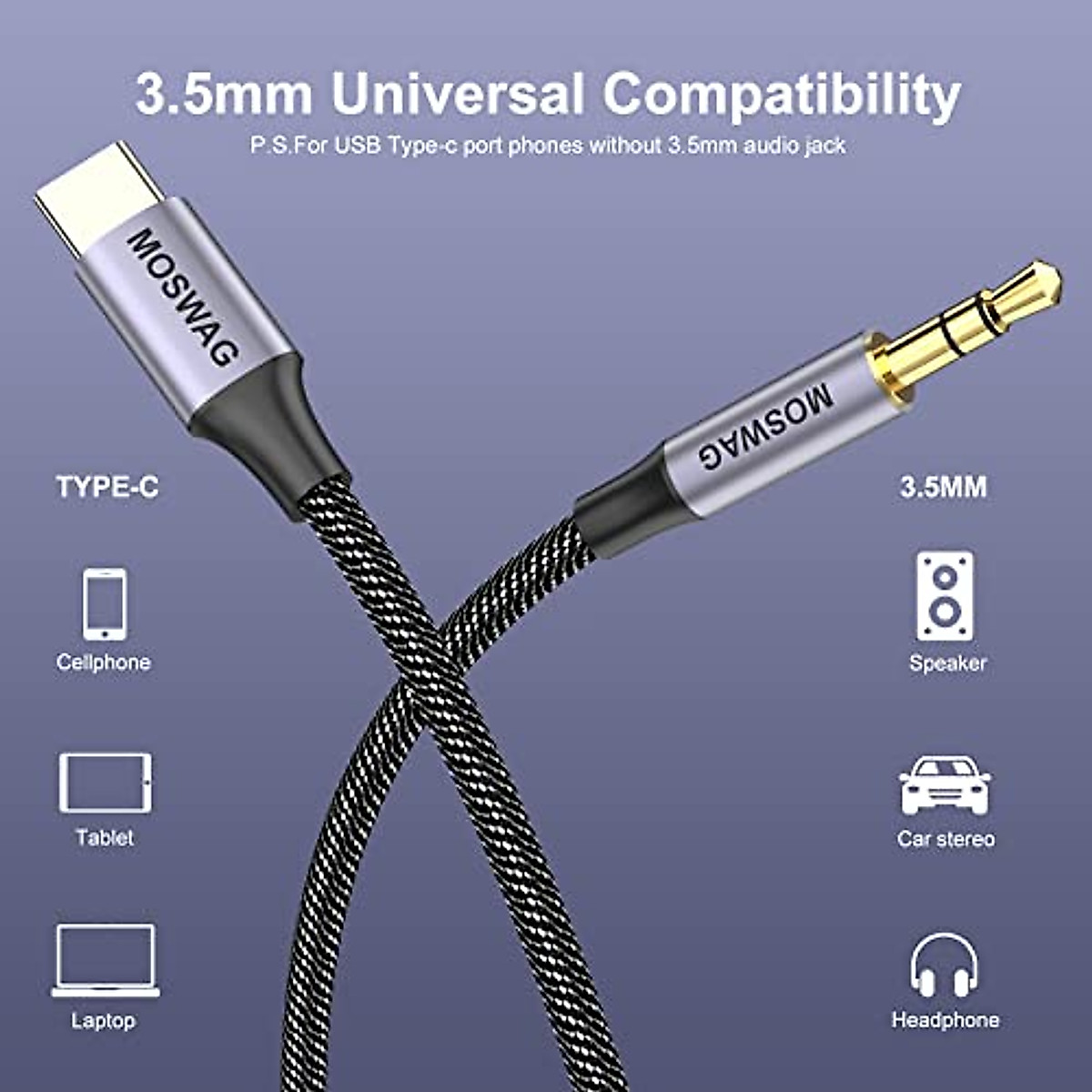 MOSWAG USB C to 3.5mm Headphone Audio Stereo Cable 3.28FT/1M,USB-C to 3.5mm Audio Aux Cord Compatible with MacBook,Chromebook,Google Pixel 2/3/4 XL,Samsung Galaxy Note 10/S10,Huawei,Xiaomi