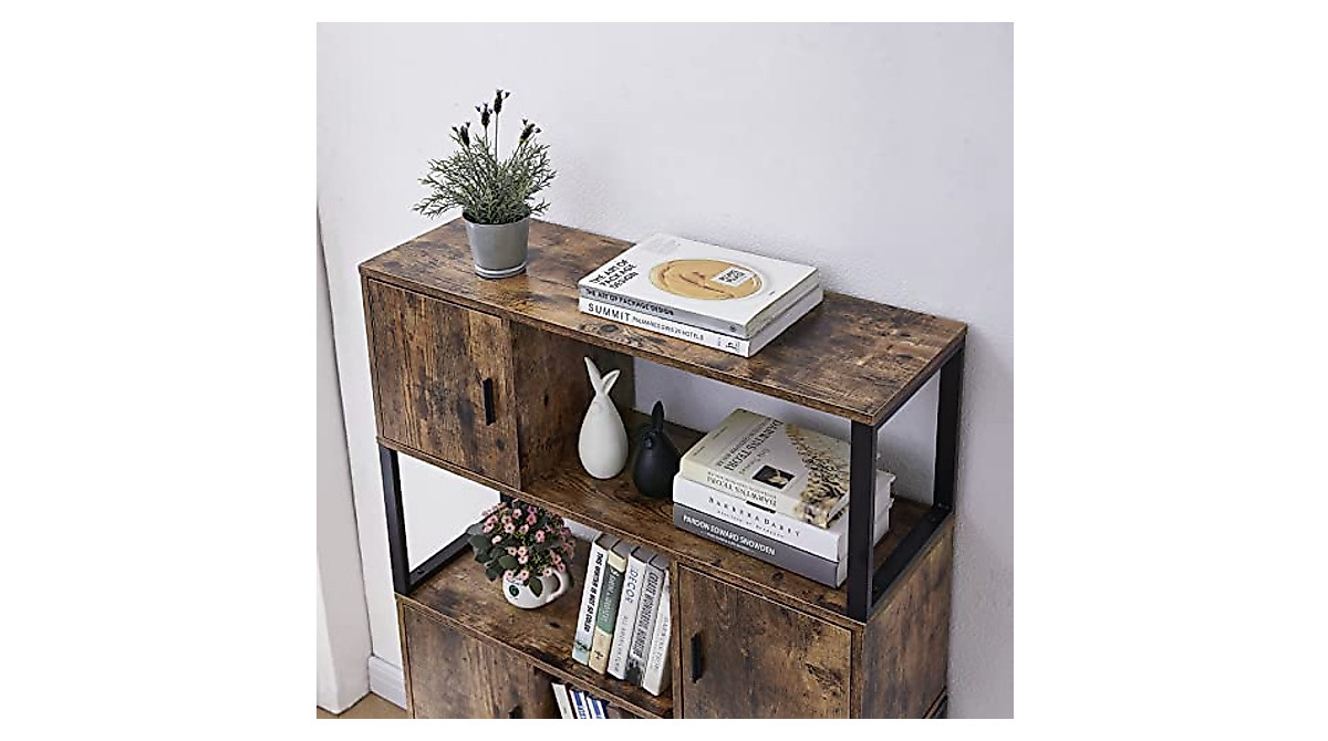 LIFUSTTG Rustic Bookcase with Cabinet and Shelves for Living Room