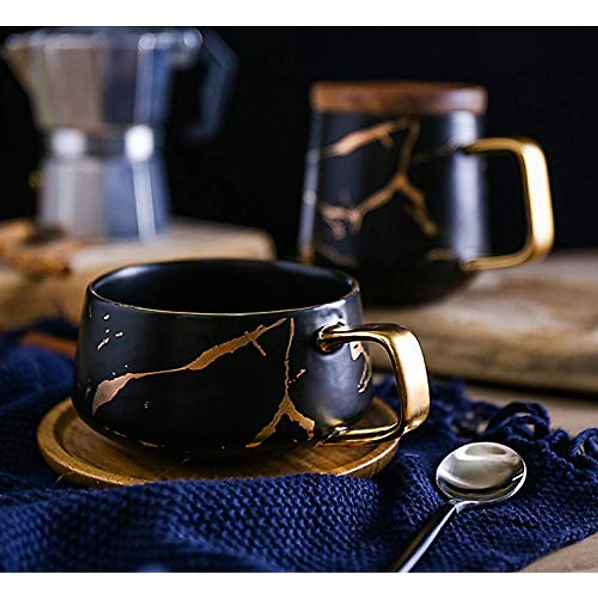 Jusalpha 10 oz Golden Hand Print Tea Cup And Saucer Set/Coffee Cup And Bamboo Saucer Set TCS19 (Black)