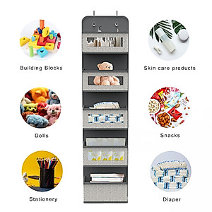 Domsanistor Over The Door Hanging Organizer with 5 Big Pockets, Wall Mount Fabric Back of Door Storage Organizer with Clear Window & Metal Hooks for Pantry Closet Diaper Dorm Nursery Bedroom