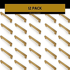 Mega Handles 12 Pack I Cabinet Pulls 5.5 Inch, Stainless Steel Cabinet Handle Pulls I Ideal for Kitchen Drawer, Cabinets, Door, Cupboard I Hardware for Cabinets - Hole Distance 5 Inch - Satin Brass