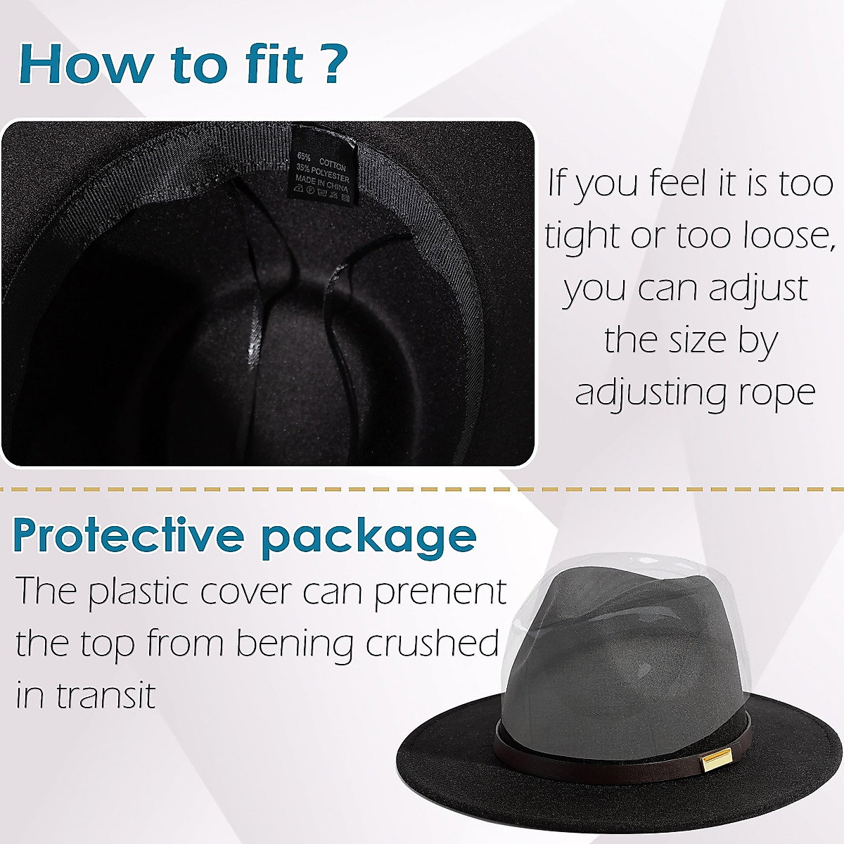 Gossifan Fedora Hats for Men Wide Brim Panama Hat with Classic Belt-B Belt Black