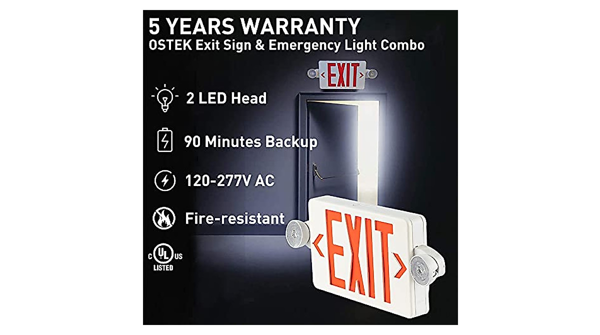 OSTEK Red LED Exit Sign with Emergency Light | UL-Listed Emergency Lighting