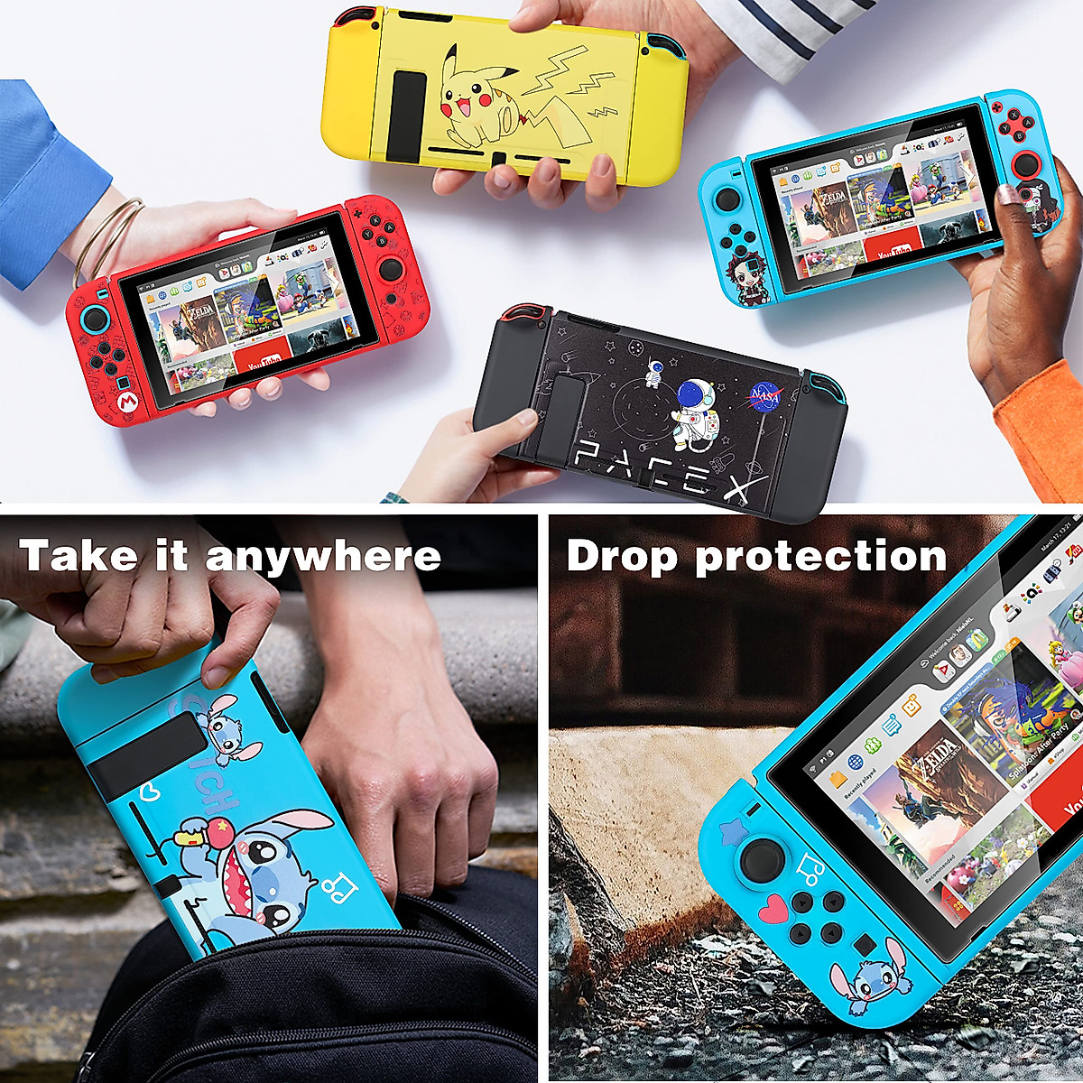 oqpa for Nintendo Switch Case Cute Kawaii Cartoon Design Cover, Fun Funny Switch Game Shell for Girls Kids Screen Protector Glass + TPU Soft Cases for Nintendo Switch (Blue Stitc)