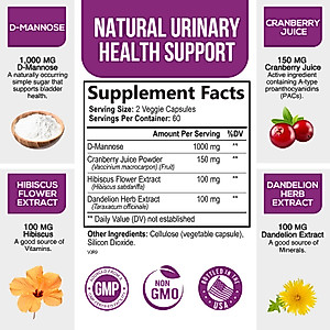 D-Mannose & Cranberry Extract 1350mg Advanced Formula, Fast-Acting Natural Urinary Tract Health Support for Women & Men, Flush Impurities in Urinary Tract & Bladder, Non-GMO, Vegan - 120 Capsules