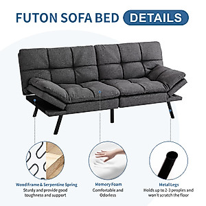 MUUEGM 71" Sofa Bed with Memory Foam,Futon Sofa Bed with Adjust Backrest and Armrest, Couches for Living Room,Studios, Apartments, Dormitories, Offices and Game Rooms. Grey Sofa