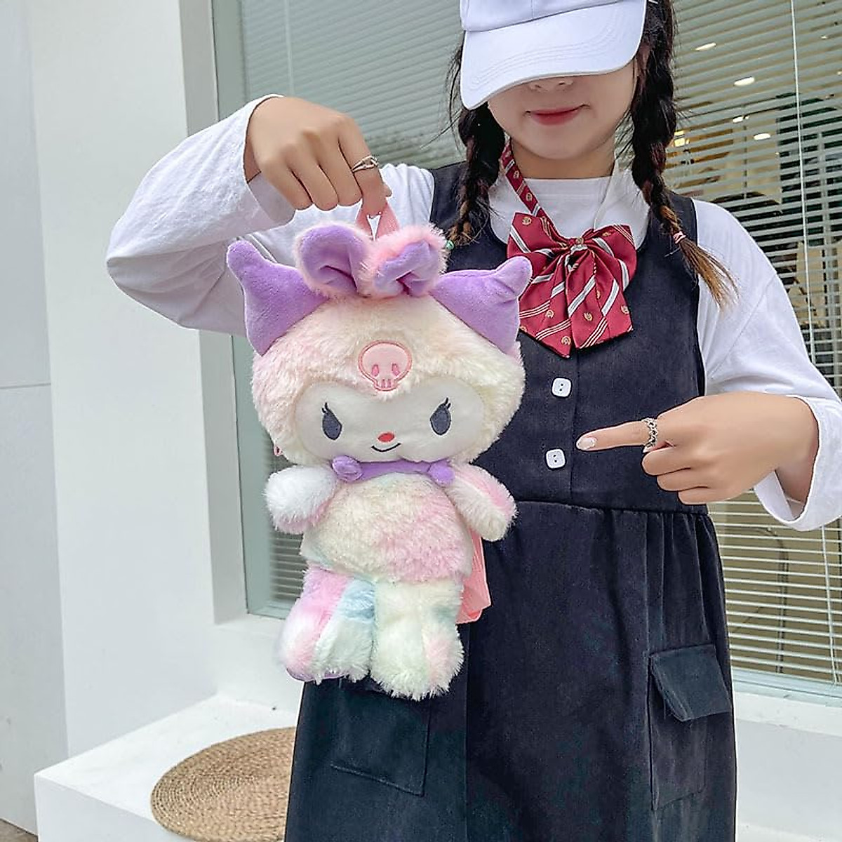 Awcvire Kuromi My Melody Plush Backpack, 15.7" Cute Cartoon Figure Plush Doll Schoolbag For Kids and Girls, Adorable Plush bag for Series Fans (Purple-A)