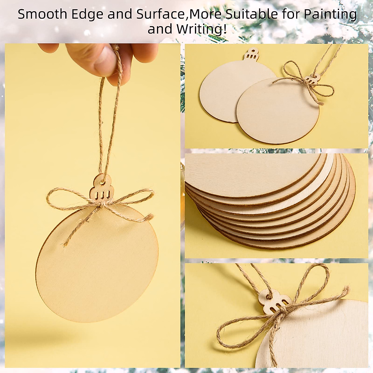 120 Pcs Wooden Christmas Ornaments Unfinished Wooden Circles with Holes Blank Round Wood Discs Slices Wooden Christmas Hanging Ornaments with Twine for DIY Crafts Present Tags Xmas Party Decor,3.1x4