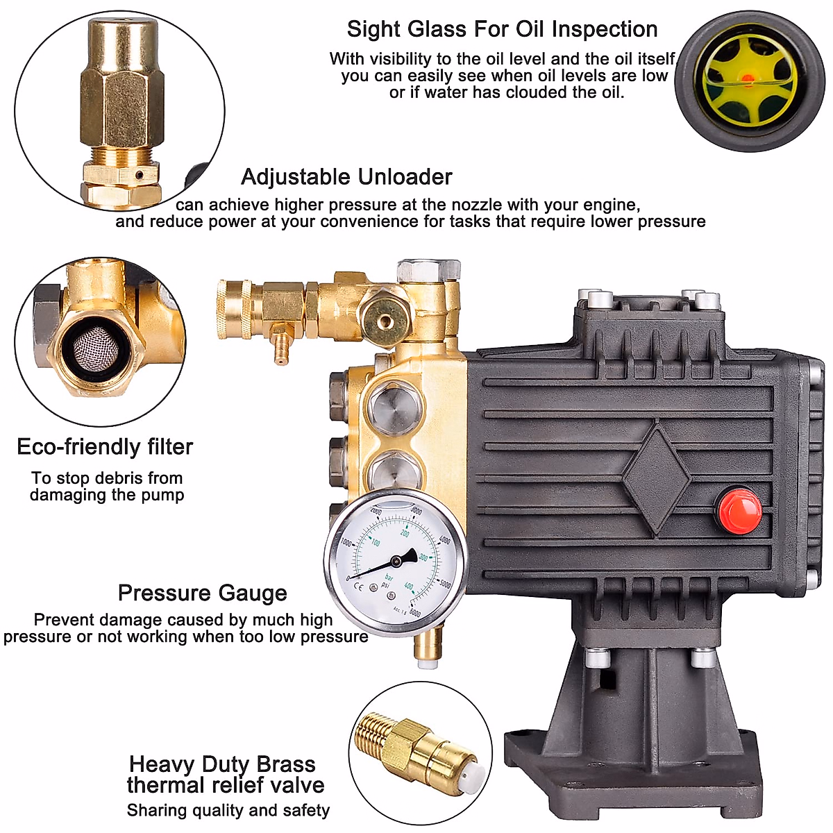 3600 PSI 4.8 GPM Horizontal Triplex Plunger Replacement Pressure Washer Pump Kit 1" Shaft Presssure Washer Pump Pressure Washer Parts with Hardware and Tube for Industrial Gas Powered Machines