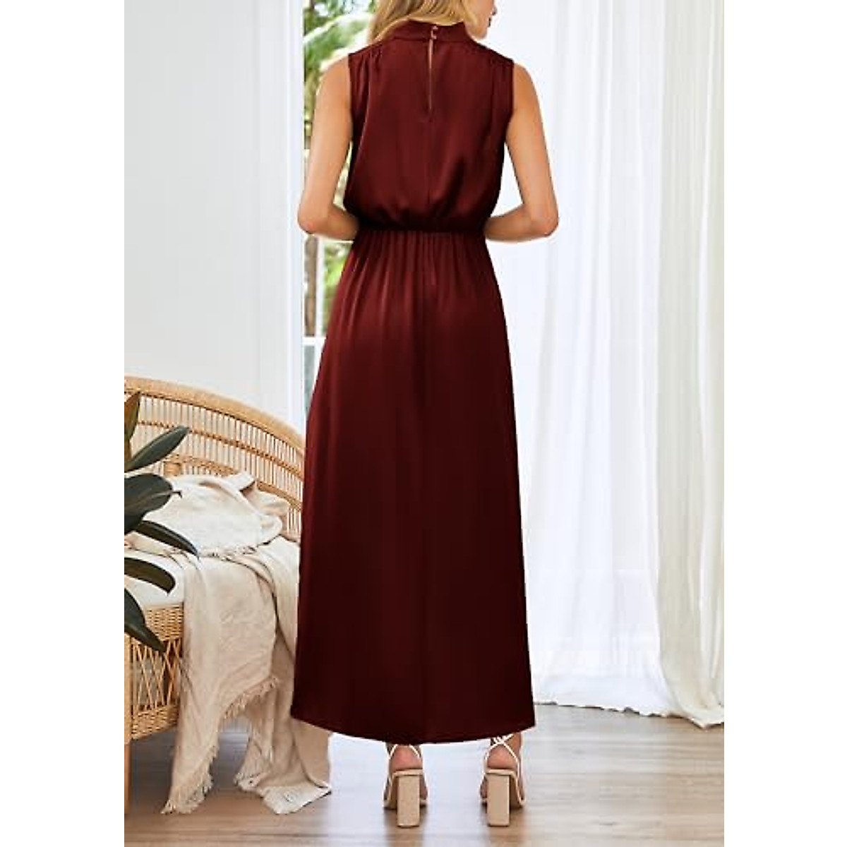 PRETTYGARDEN Women's Long Formal Satin Dress Mock Neck Sleeveless Side Slit Flowy Maxi Tank Dresses (Deep Red,Medium)