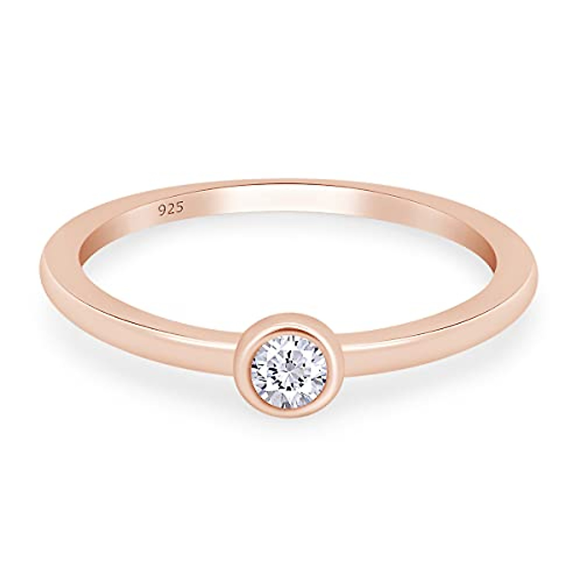 SAVEARTH DIAMONDS 2.5MM Round Cut Lab Grown Diamond Bezel Set Solitaire Stackable Engagement Ring In 14k Rose Gold Over Sterling Silver (0.07 Cttw) Ring Size-7.5