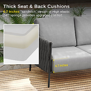 EAST OAK Life Chatter Patio Furniture Set, Outdoor Furniture Sectional Sofa Set with Round Coffee Table, 4 Seats Sofa Deep Seating with Thick & Washable Cushions, Earth Black & Misty Grey