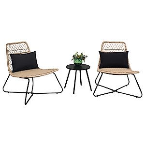 VARVIND 3-Piece Patio Bistro Set,Outdoor Wicker Conversation Bistro Sets with Side Table,Rattan Woven Rope Table Set with Lumbar Pillows,Patio Wicker Furniture for Garden,Balcony,Porch,Poolside(Black)
