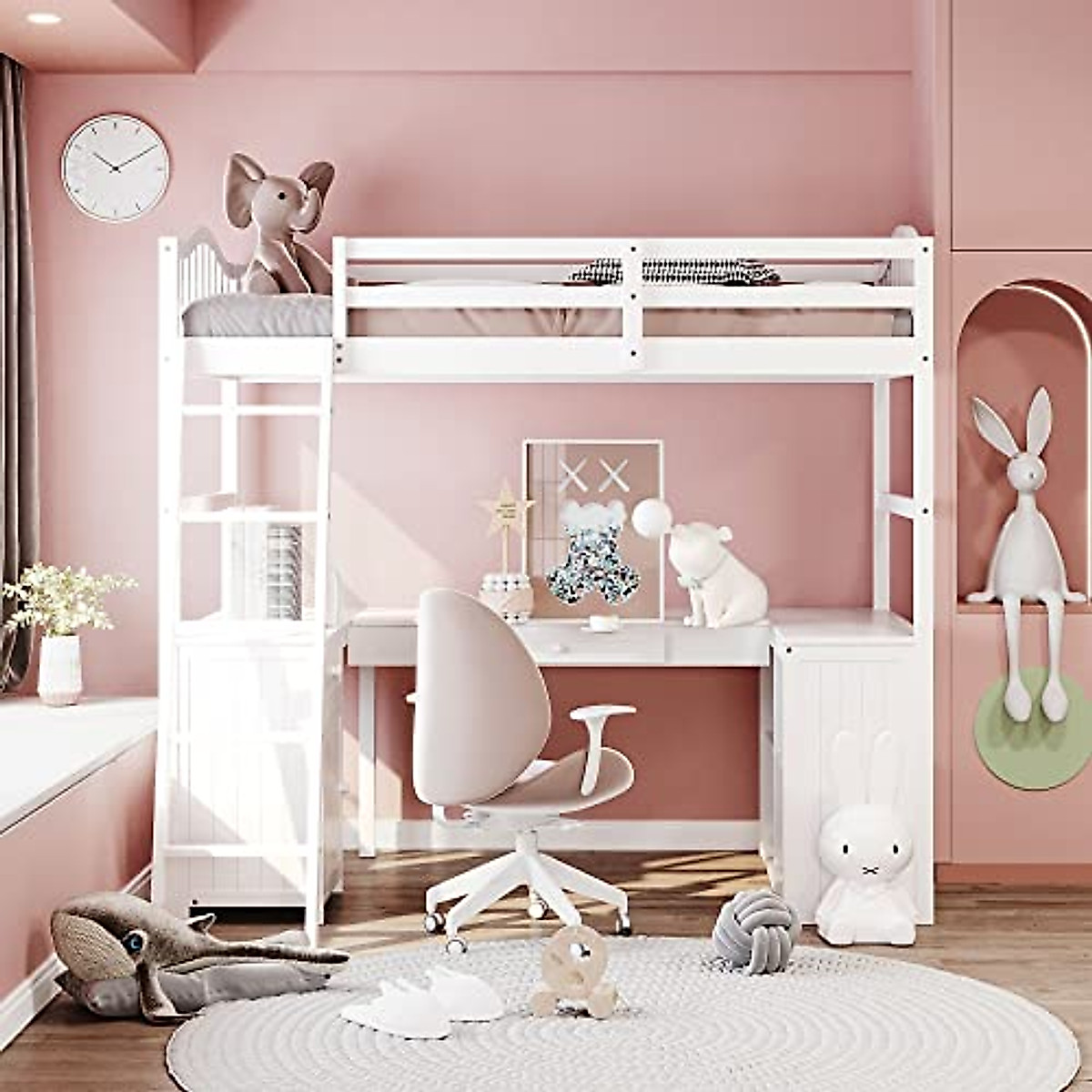 DNChuan Loft Bed with Desk/Drawers/Cabinet/Shelves, Wooden Loft Bed More Storage Space Twin Size - White