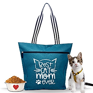 Brooke & Jess Designs Fur Mom Lexie Teal Zipper Tote Bag Women, Work, Travel - Best Cat Lover Gift, Christmas, Birthday, Mother's Day - Fun Things to Gift for Cats Owners