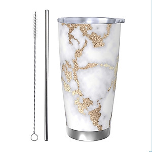 Modern Chic White Gold Foil Marble 20oz Tumbler Stainless Steel Vacuum Insulated Coffee Travel Mug Durable Insulated Coffee Travel Mug with Splash-Proof Lid Metal Straw and Brush Thermal Cup Outdoor