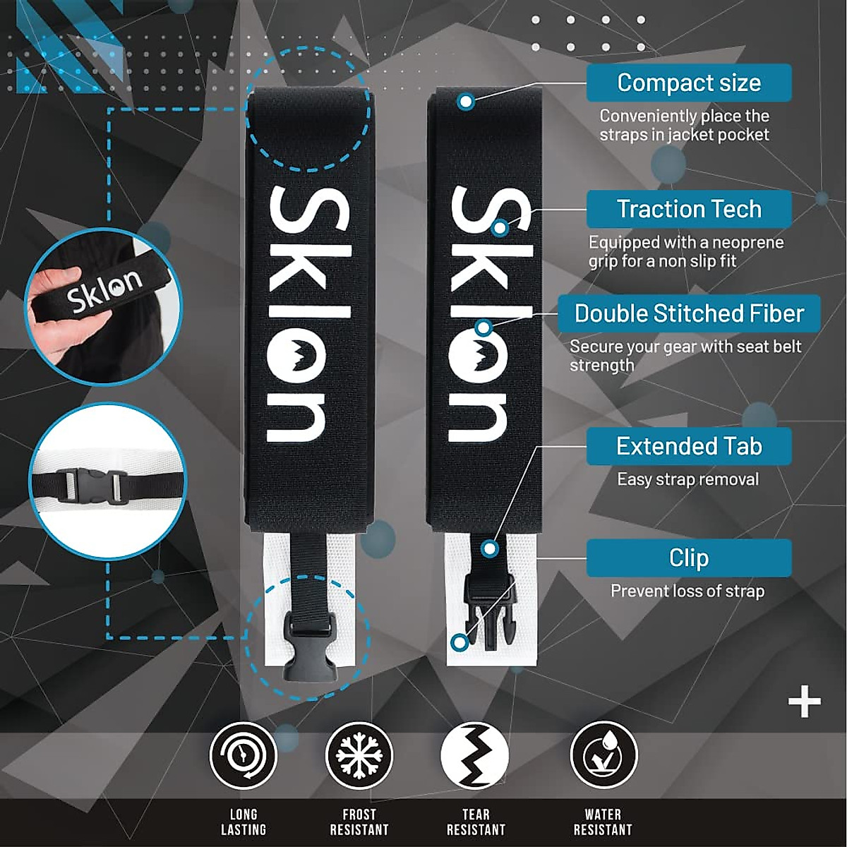 Sklon Ski Strap Fasteners - Rubber 2 Pack Carrier - Securely Transport Your Skis - Ski Accessories Great for Carrying Ski Gear - Men, Women and Kids