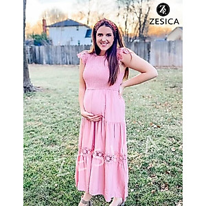 ZESICA Women's Casual Crew Neck Flutter Sleeve Smocked High Waist Hollow Out Lace Trim Tiered A Line Midi Dress,DarkPink,Small