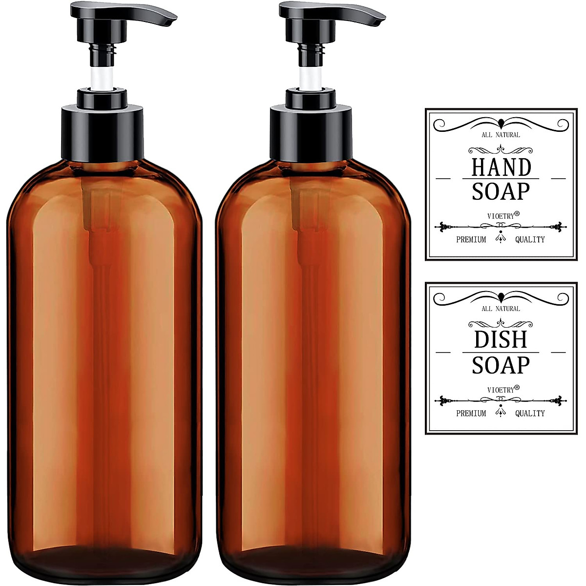 Amber Soap Dispenser with Rust Proof Pump, Waterproof Labels (2 Pack,16 Oz), Soap Dispenser Bathroom, Plastic Hand Soap Dispenser Dish Soap Dispenser for Kitchen, Premium Thick Soap Pump Bottles