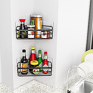 Supfirm Corner Shower Caddy, No Drilling Wall Mounted Stainless Steel Adhesive Shower Organizer with Hooks, Storage Organizer for Bathroom and Kitchen (Black 4-pack)