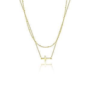 Pancert Dainty Cross Necklaces for Women 14k Gold Plated Necklace Sideways Cross Faith Pendant Chain Necklace Double Layered Satellite Choker Necklace Simple Tiny Necklace for Jewelry Gift