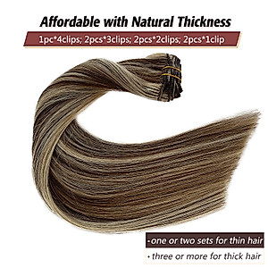 Clip in Hair Extensions Real Human Hair, 15 Inch 7PCS Human Hair Clip in Extensions Brown and Blonde Highlights Thick Full Brown Hair Extensions with Blonde Highlights Clip ins, Lightweight to Wear
