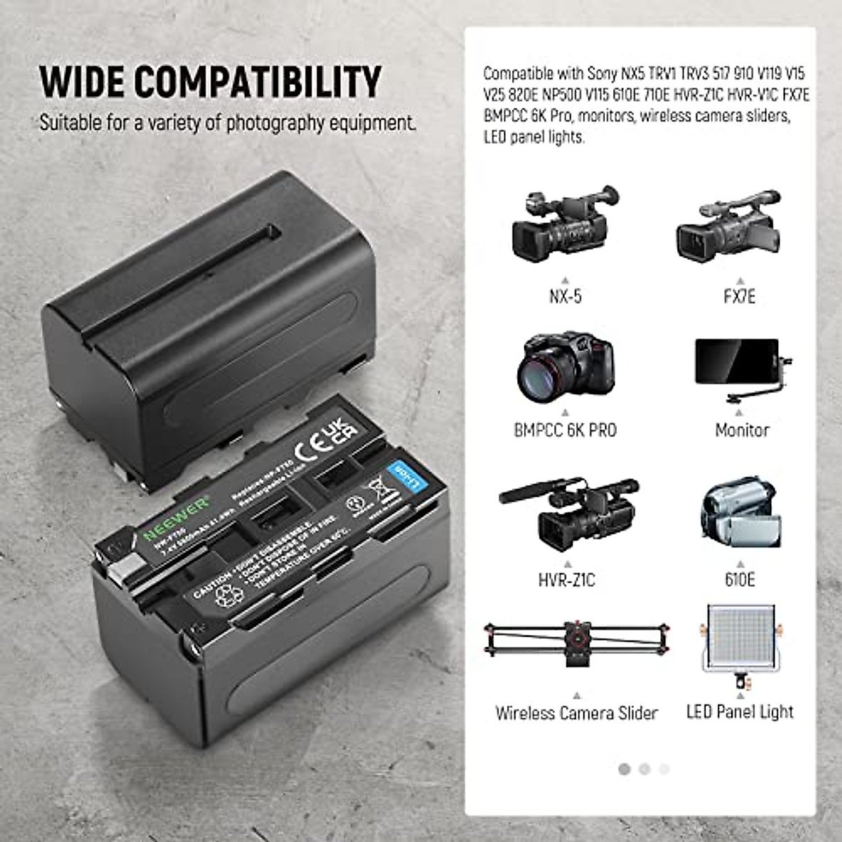 Neewer 4 Packs NP-F750 Replacement Batteries 7.4V 5600mAh with 4 Channel Battery Charger & Power Adapter, Compatible with NP-F550/750/770/970 FM500H QM71D QM91D, Field Monitor, Video Light