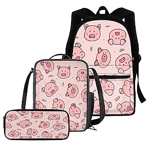 BIGCARJOB Pig Prints Elementary Girls School Bookbag Rucksack for Primary Girls School Backpack Set with Lunch Kits