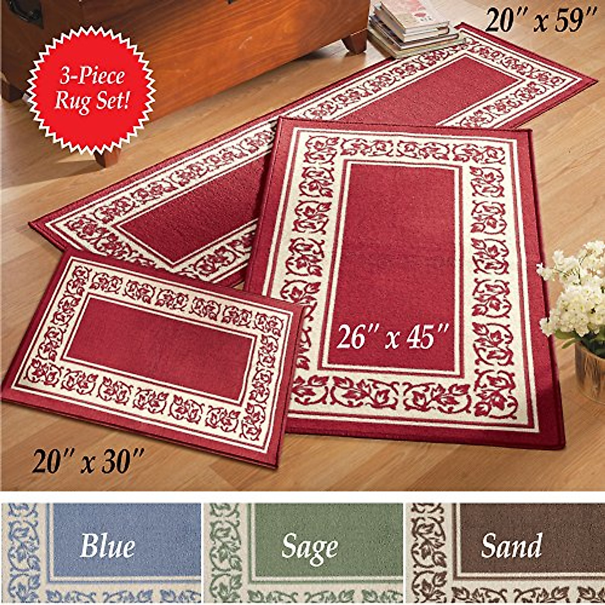 Madison Home Floral Border 3 Piece Rug Set, Sand